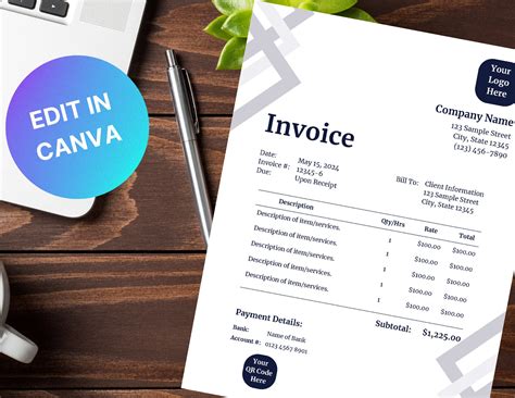 invoice template with qr code and logo completely customizable etsy