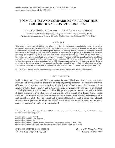 Pdf Formulation And Comparison Of Algorithms For Frictional Contact