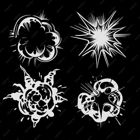 폭발 만화 에너지 폭발 연기 구름 흰색 화재 플래시는 검은 배경에 고립 원자 폭탄 또는 다이너마이트 폭발 버스트 스파크 효과 만화 붐 및 뱅 일러스트 벡터 세트 프리미엄 벡터