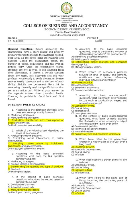 ECO EXAM ANS KEY ECONOMIC DEVELOPMENT ECO Prelim Examination Second Semester Name