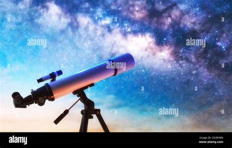 White Telescope On Tripod Pointing At A Starry Sky At Dusk Side View