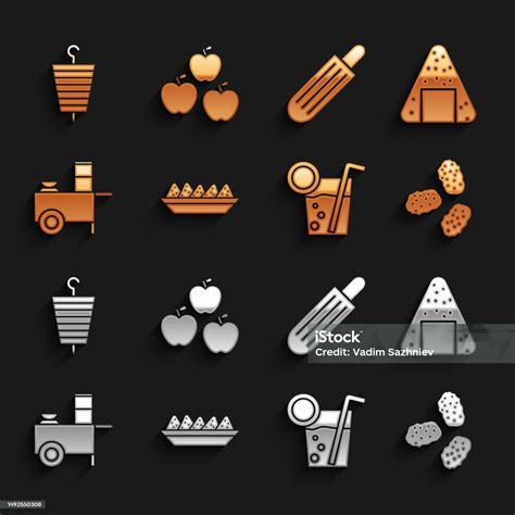 접시에 나초 오니기리 치킨 너겟 칵테일 패스트 스트리트 푸드 카트 프렌치 핫도그 구운 시시 케밥 및 사과 아이콘을 설정하십시오 벡터 0명에 대한 스톡 벡터 아트 및 기타