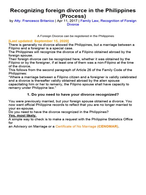 Notes On Recognizing Foreign Divorce In The Philippines Pdf