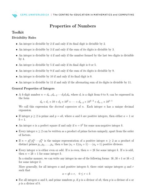 Properties Numbers Pdf Integer Number Theory