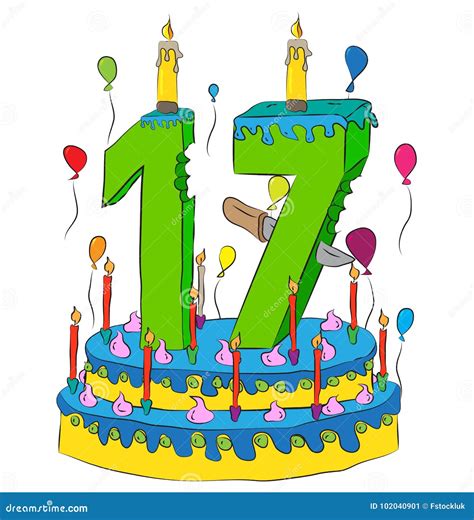 Birthday Cake With Number Seventeen Candle Celebrating Seventeenth
