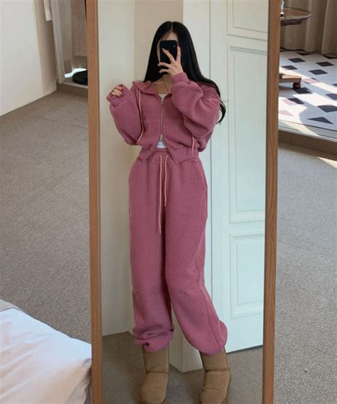 왕기모세트 기모 크롭 투웨이 후드집업 와이드 밴딩 맥시 롱 골지 팬츠 세트 꾸안꾸 트레이닝세트 에이블리