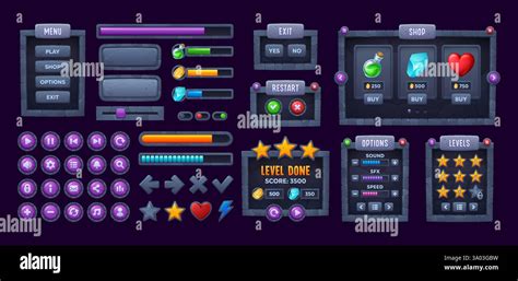 Stone Game Interface Buttons Menu Panels And Bars Vector Cartoon Medieval Gui Elements And