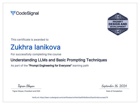 Course Certificate For Understanding Llms And Basic Prompting Techniques Codesignal Learn