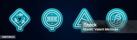 라인 원형 교차로 교통 표지판 철도 건널목 가파른 오르막 및 하강 및 미끄러운 선을 설정하십시오 빛나는 네온 아이콘입니다 벡터