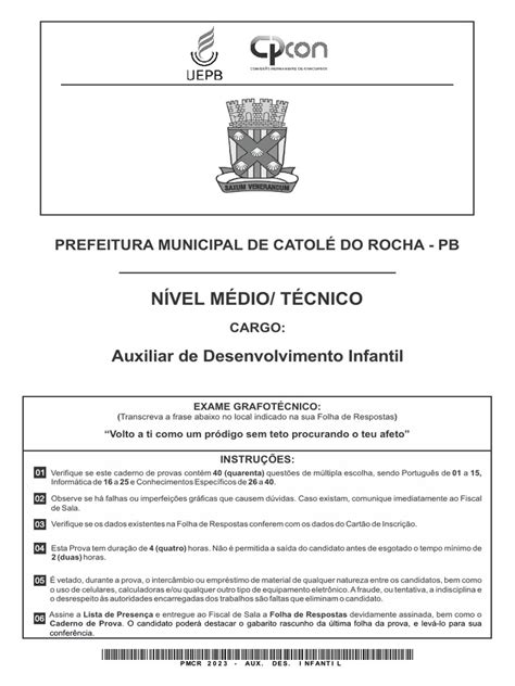 Cpcon 2023 Prefeitura De Catole Do Rocha Pb Auxiliar De Desenvolvimento Infantil Prova Pdf