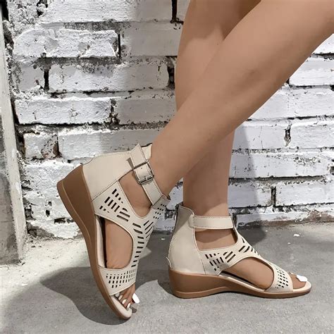 Womens Hollow Wedge Sandals Solid Color Open Toe Cut Buckle Temu