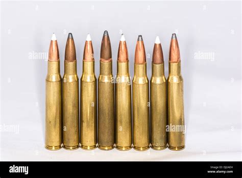 A Few Rifle Bullets Lined Up In A Row On White Background Stock Photo Alamy