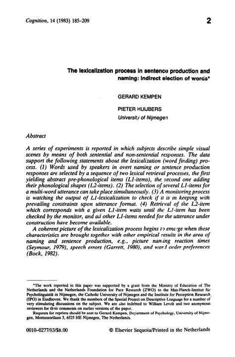Pdf The Lexicalization Process In Sentence Production And Naming Indirect Election Of Words