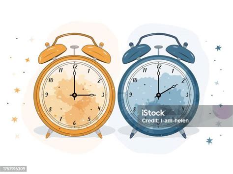 두 개의 알람 시계 그림 파란색은 겨울을 주황색은 가을을 상징합니다 시간 조정 기호 오래된 전통적인 기계식 알람 시계 벽 시계에 대한 스톡 벡터 아트 및 기타 이미지