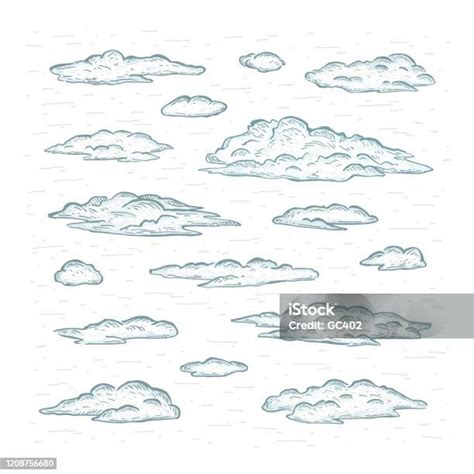 흰색 배경에 격리 손으로 그린 그래픽 파란색 구름의 스케치 벡터 세트 0명에 대한 스톡 벡터 아트 및 기타 이미지 0명