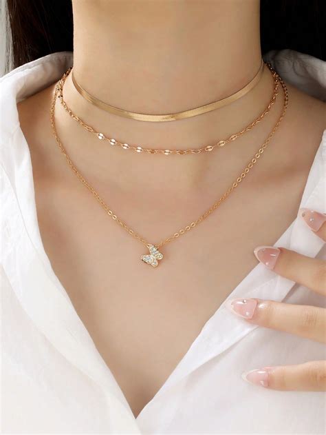 Juego De 3 Piezas De Collar Minimalista De Moda Con Cadena Plana De Mariposa Con Strass