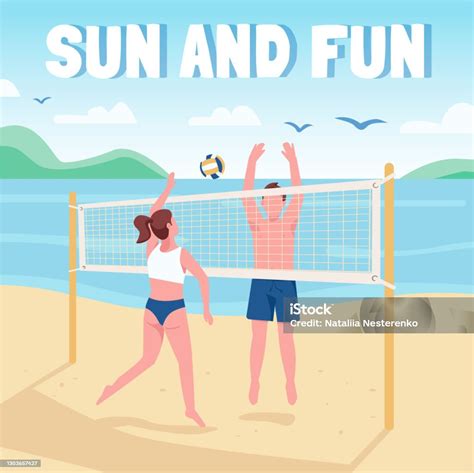 비치 발리볼 소셜 미디어 포스트 모형을 연주 하는 친구 태양과 재미있는 문구 웹 배너 디자인 템플릿입니다 비문이 있는 부스터 콘텐츠 레이아웃 포스터 인쇄 광고 및 플랫