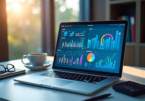 Desktop Setup Monitor Displaying Charts Graphs Modern Office Space