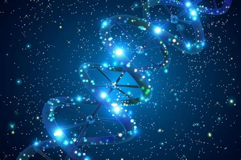 Sparkling Blue Double Helix Dna Model Against A Cosmic Backdrop