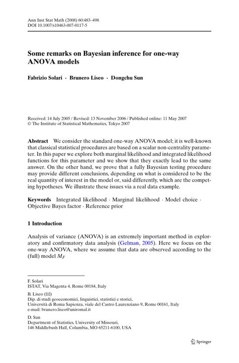 pdf some remarks on bayesian inference for one way anova models