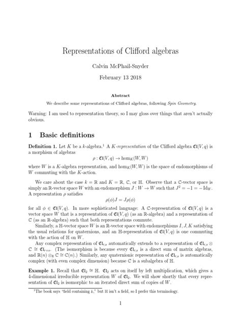 Representations Of Clifford Algebras Pdf Representation Theory