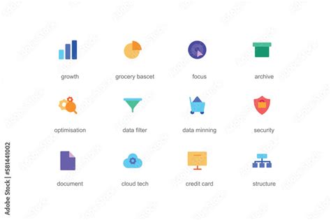 Data Analysis Concept Of Web Icons Set In Color Flat Design Pack Of Growth Grocery Basket