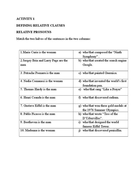 Pdf Relative Clauses Exercise Defining Relative Clause Marie Curie