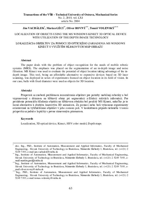 pdf localization of objects using the ms windows kinect 3d optical