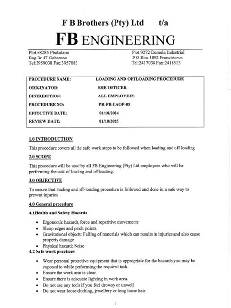 Loading And Offloading Safe Work Procedure Pdf