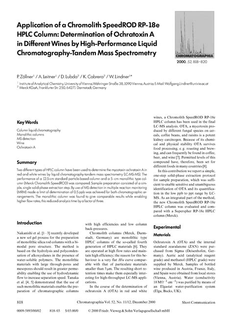 Pdf Application Of A Chromolith Speedrod Rp 18e Hplc Column Determination Of Ochratoxin A In