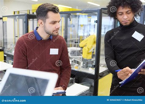 Engineers Discussing Robot Programming And Automation In Laboratory Setting Stock Image Image