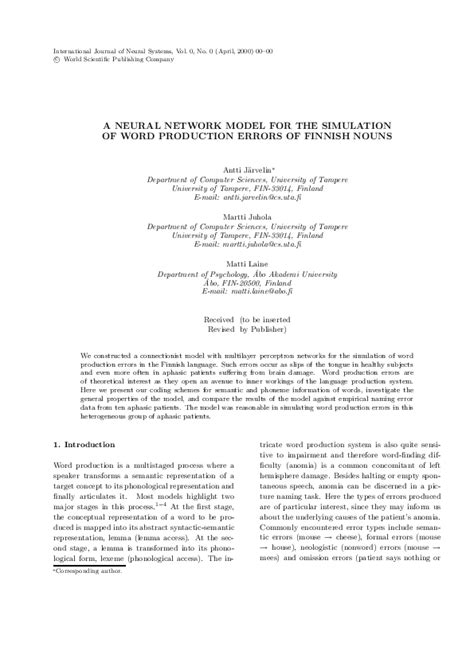 pdf a neural network model for the simulation of word production