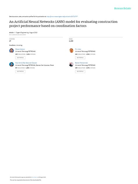 An Artificial Neural Networks Ann Model For Evaluating Construction Project Performance Based