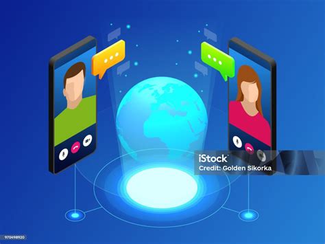 긴 거리와 세계의 글로벌 통신의 아이소메트릭 개념 남자와 여자의 휴대 전화에서 비디오 채팅을 통해 통신 영상 통화 채팅 회의 벡터 일러스트 레이 션 가정용 캠코더에 대한
