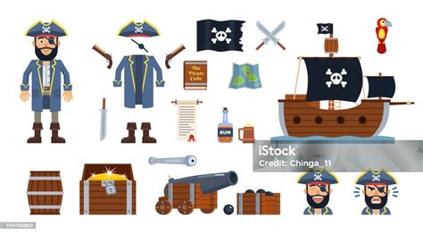 다양 한 해 적 아이콘 요소와 해 적 선장 모자 옷 깃발 배 칼 권총 대포 보물 지도 가슴 배럴 스크롤 등의 아이콘 해적에 대한 스톡 벡터 아트 및 기타 이미지 Istock