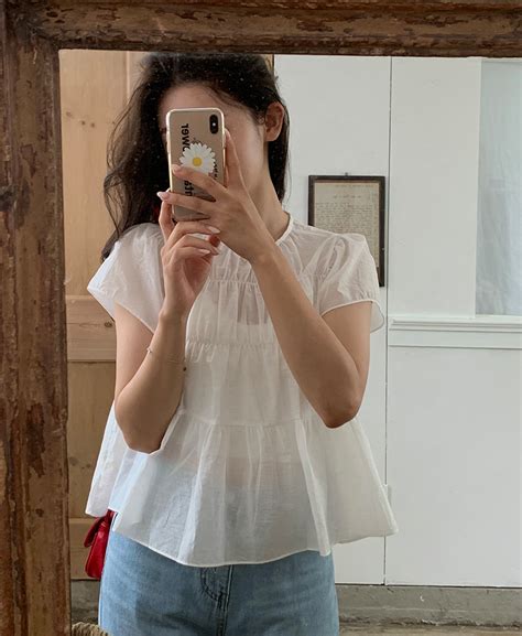 에이치다 썸 시스루 어깨 퍼프 반팔 여름블라우스 2color