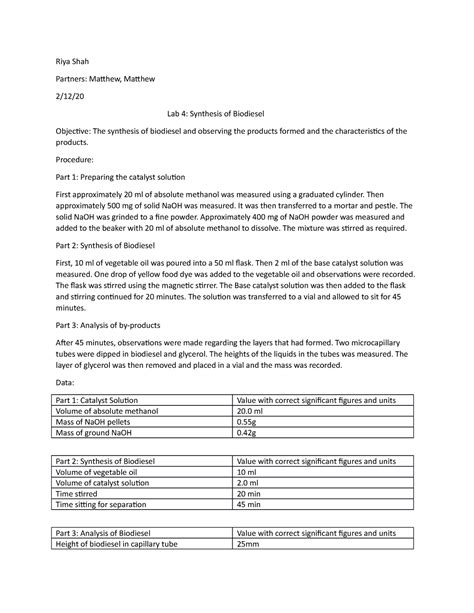 Lab Postlab Lab Assignment Riya Shah Partners Matthew Matthew Lab Synthesis Of