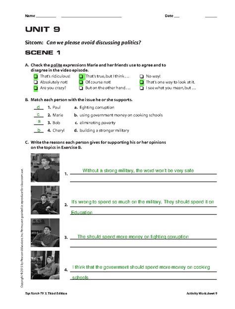 UNIT TV Activity Worksheets UNIT Sitcom Can We Please Avoid Discussing Politics SCENE