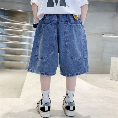 Badu Bg Момчета Летни дънки Едноцветни дънкови къси къси за момчета Ежедневен стил Детски дънки