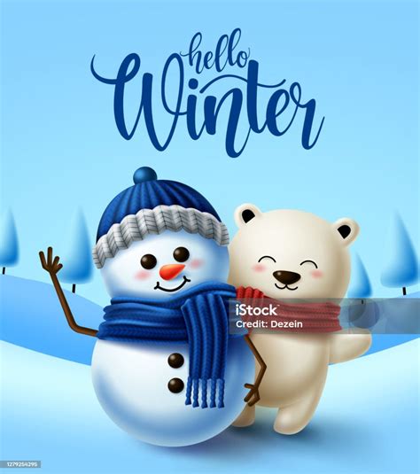 겨울 캐릭터 벡터 배경 디자인 3d 눈사람 및 북극곰 캐릭터와 안녕하세요 겨울 인사말 텍스트 눈사람에 대한 스톡 벡터 아트 및 기타 이미지 Istock