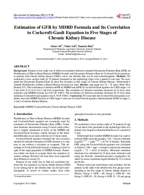 Pdf Estimation Of Gfr By Mdrd Formula And Its Correlation To Cockcroft Gault Equation In Five