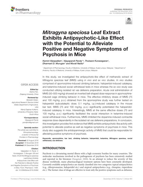 Pdf Mitragyna Speciosa Leaf Extract Exhibits Antipsychotic Like