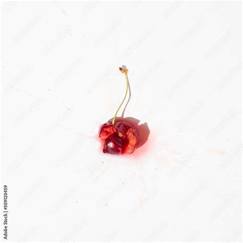 Squashed Red Cherry Berry Fruit On Bright White Background Red Ripe