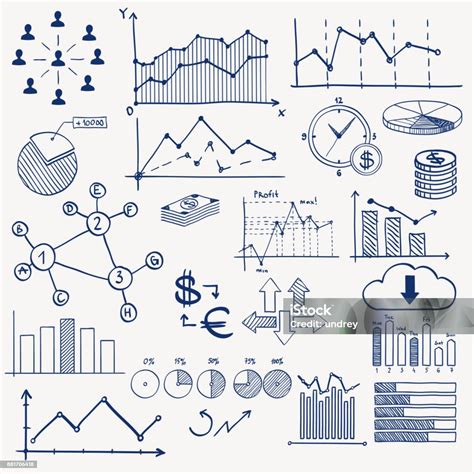 비즈니스 재무 관리 Infographics 낙서 손 요소를 그립니다 개념그래프 차트 파이 화살표 소셜 미디어 돈을 버는 표지판 그리기에 대한 스톡 벡터 아트 및 기타 이미지
