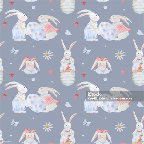 손으로 그린 귀여운 부활절 토끼 부활절 달걀 선물 당근 꽃 및 마음이있는 부활절 매끄러운 패턴 수채화 아름다운 원활한 부활절 배경 0명에 대한 스톡 벡터 아트 및 기타