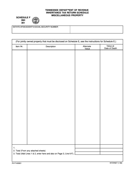 Fillable Schedule F Form Inh 301 Inheritance Tax Return Schedule Miscellaneous Property