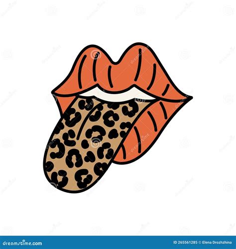 Female Mouth With Red Lips Protruding Tongue With Leopard Print Stock