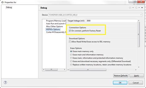 Msp432p401r How To Execute The Factory Reset With Msp Fet And Ccsv62 Msp Low Power