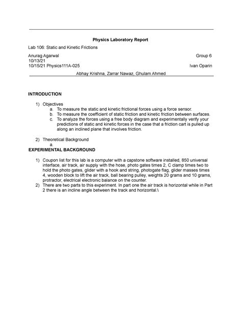 Lab05 Physics Lab Physics Laboratory Report Lab 106 Static And Kinetic Frictions Anurag