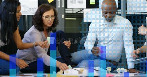 Animation Of Statistical Data Processing Against Diverse Office Colleagues Reading Memo Notes